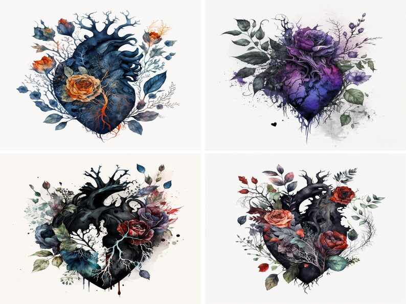Gothic Floral Heart Clipart, Watercolor, Punk Art PNG Instant Download Commercial Use, Floral ...