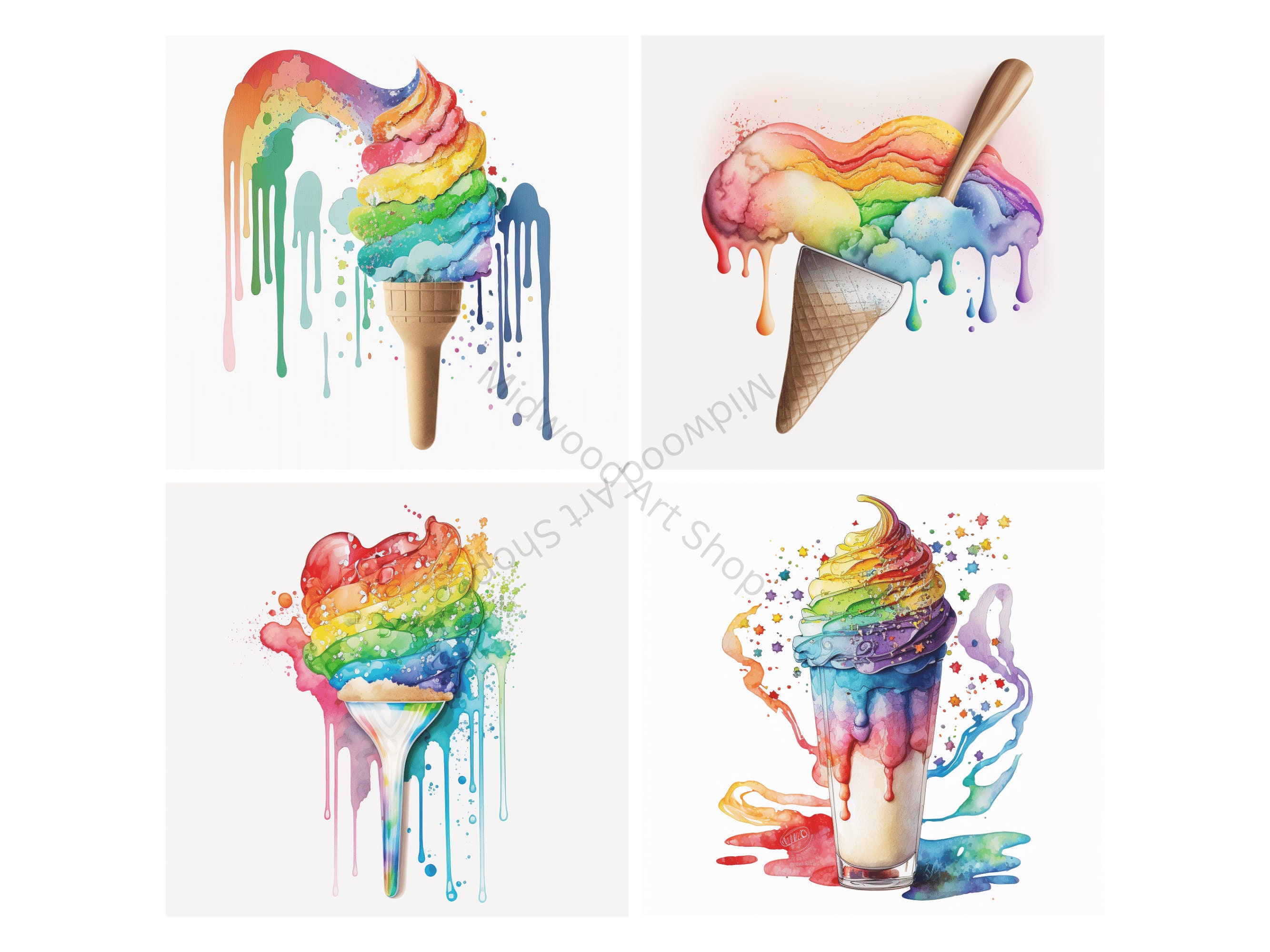 Rainbow Ice Cream Clipart, Ice Cream PNG, Watercolor Rainbow Cupcake ...