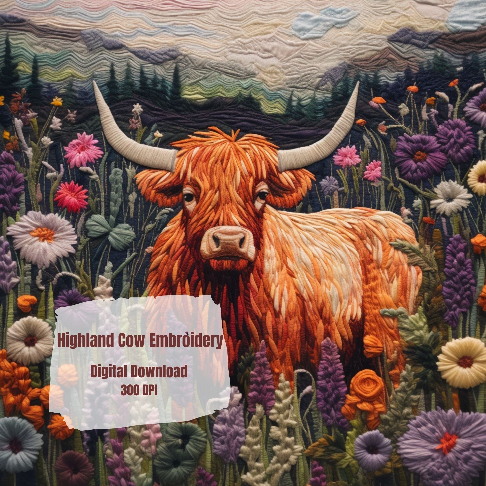 Highland Cow Embroidery Floral File, Purple and Pink Floral Seamless ...