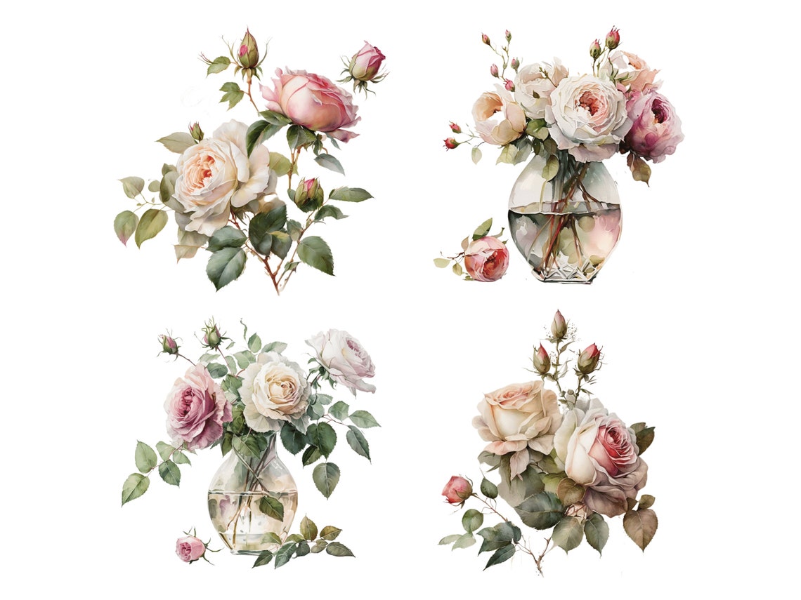 Pink and White Roses Clipart Floral PNG Watercolor Roses PNG Flowers ...