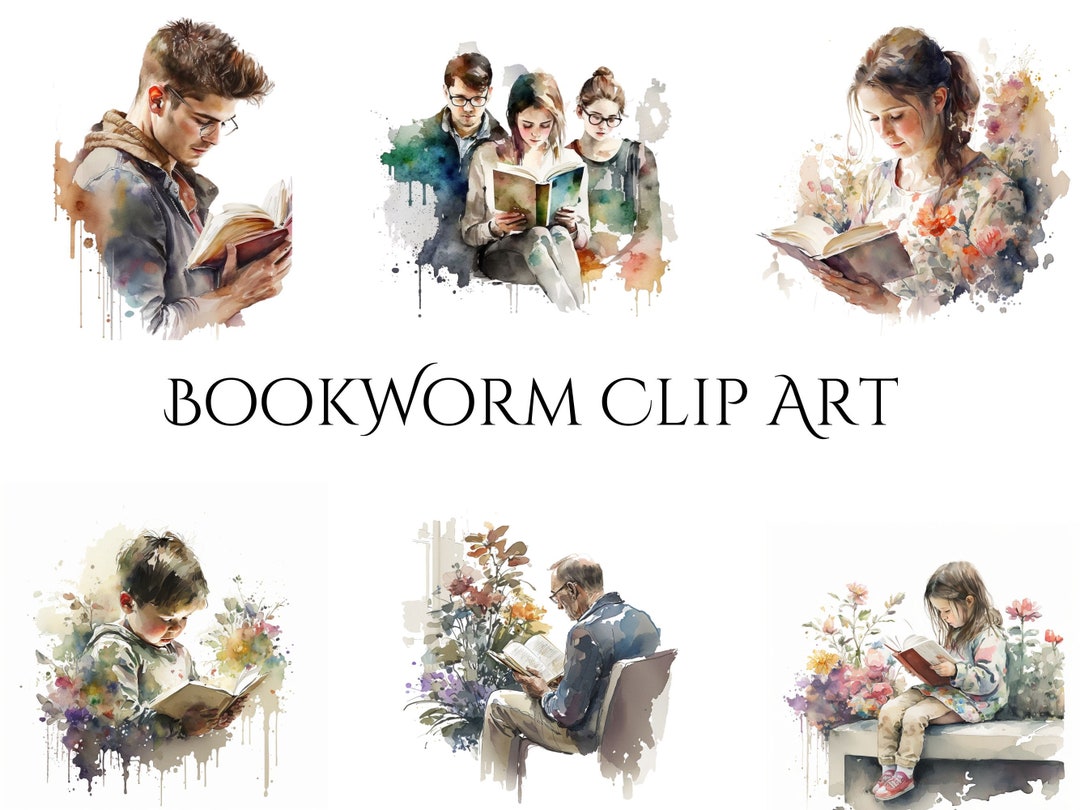 17 PNG Watercolor Bookworm Clipart, Booklover Clip Art Bundle, Vintage ...