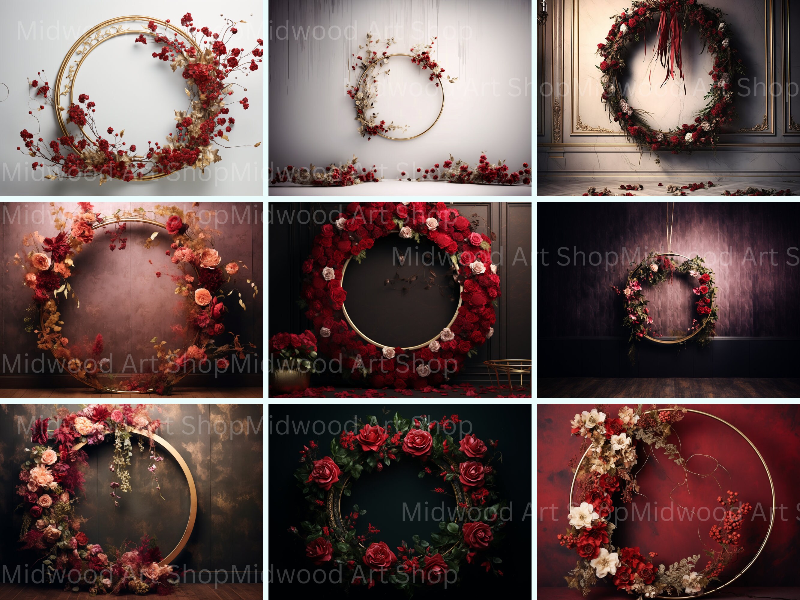 Floral Ring Digital Backdrops, Red Floral Hoop Backdrops, Maternity ...