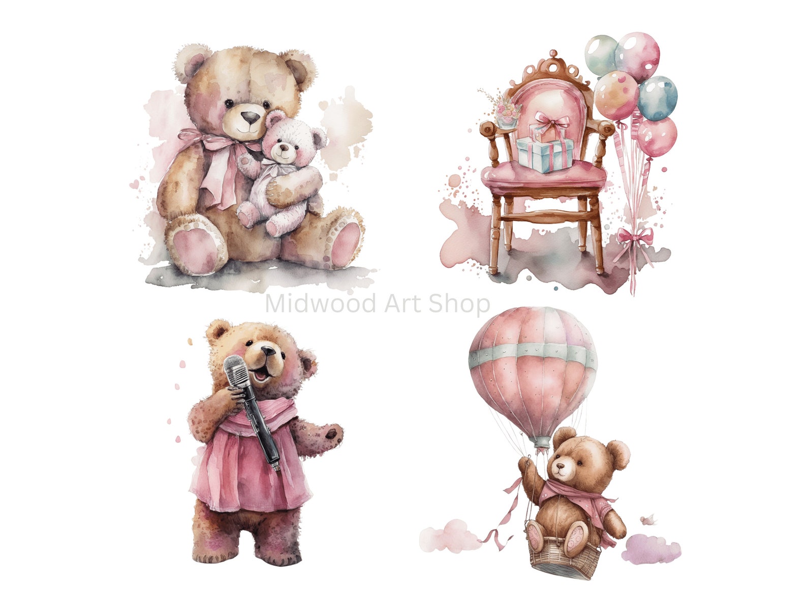 Watercolor Teddy Bear Clip Art Clipart Pack, Baby Shower for a Girl ...