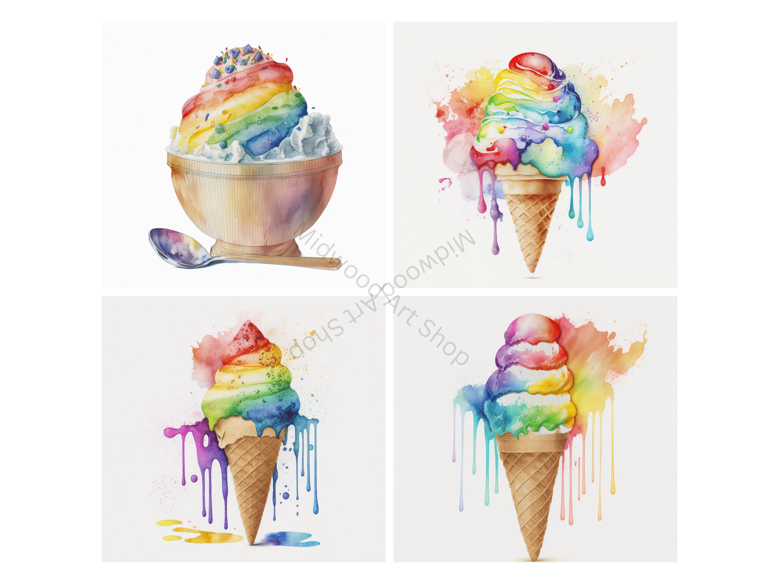 Rainbow Ice Cream Clipart, Ice Cream PNG, Watercolor Rainbow Cupcake ...