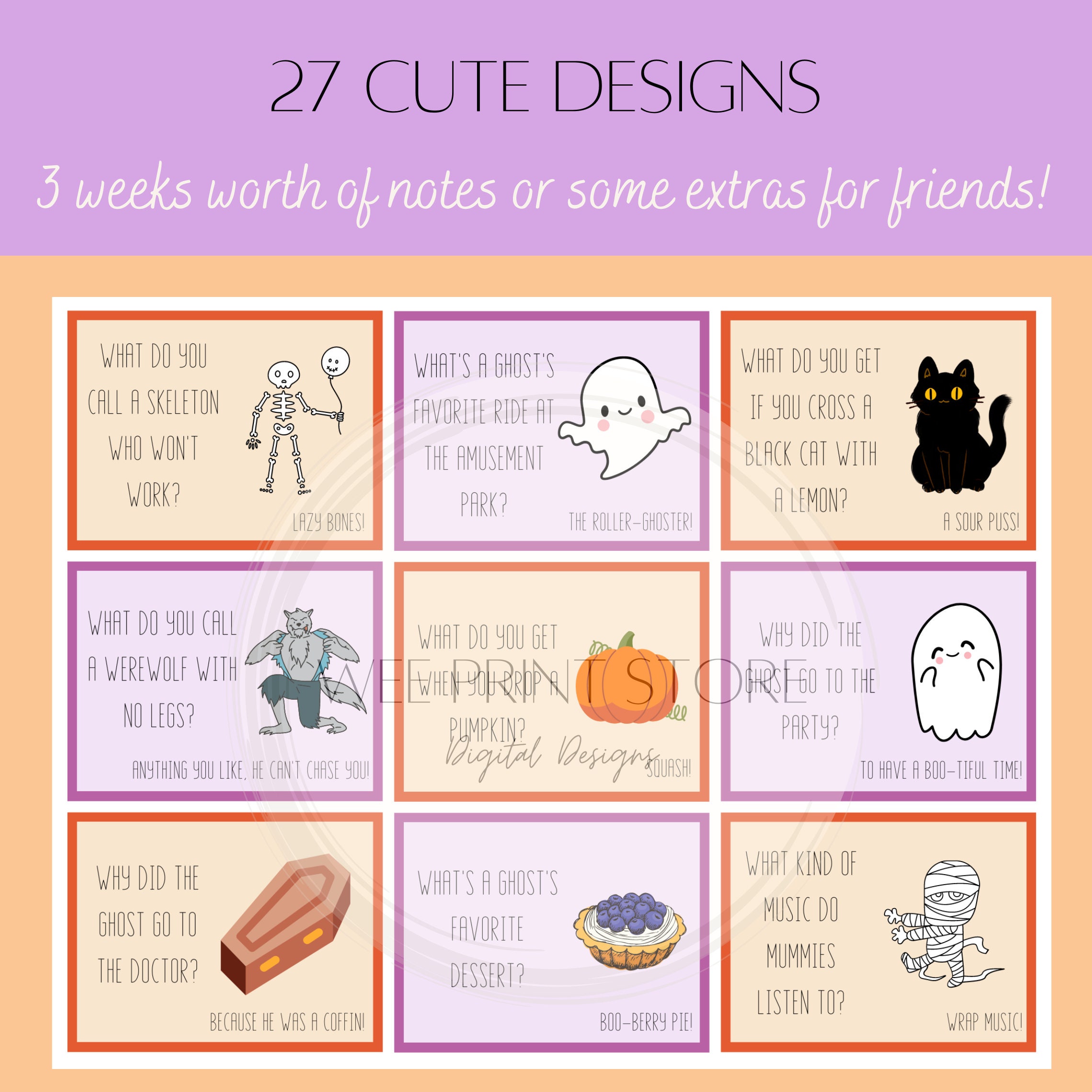 Halloween Theme Cute Lunchbox Notes, Kids Lunch Box Jokes Printable ...