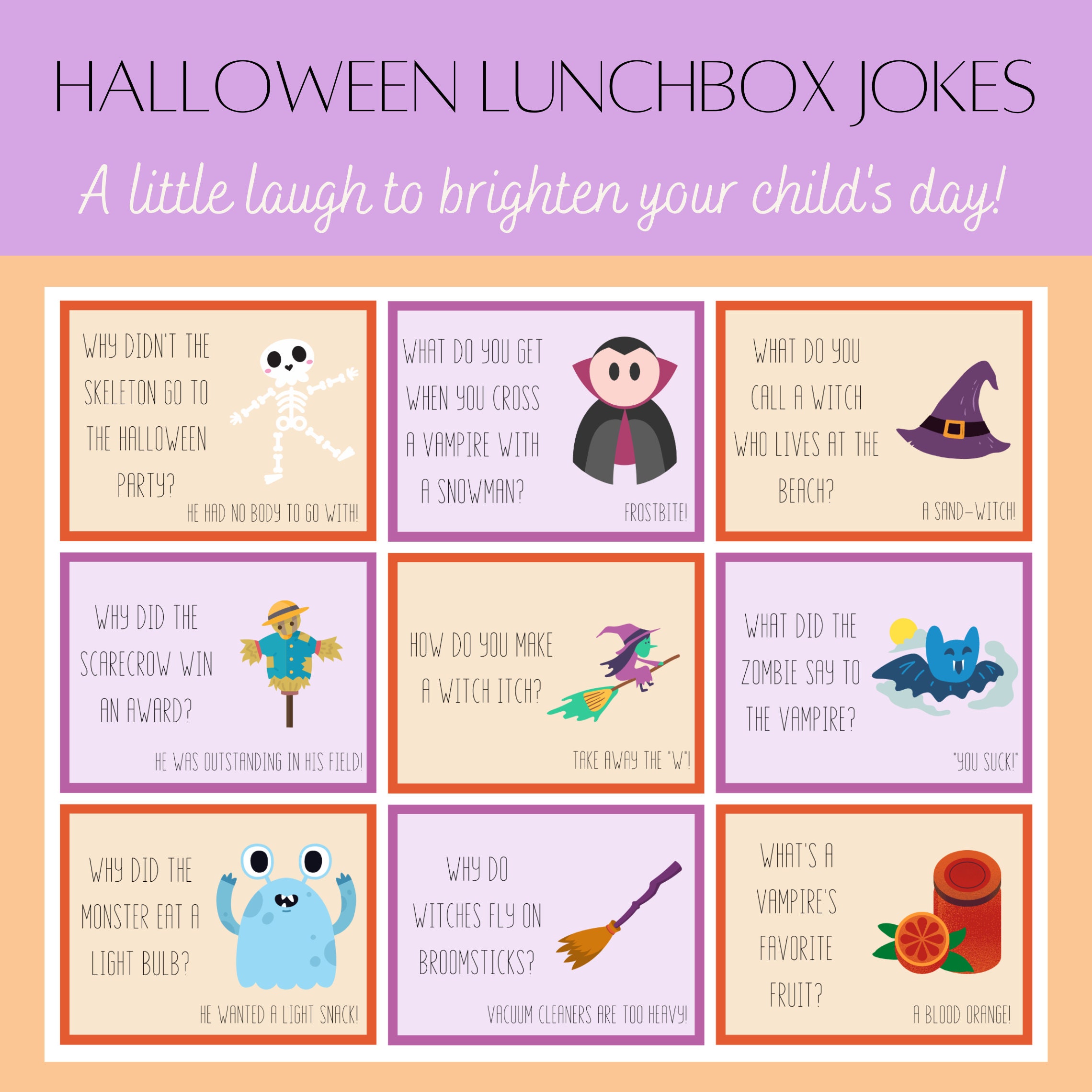 Halloween Theme Cute Lunchbox Notes, Kids Lunch Box Jokes Printable ...