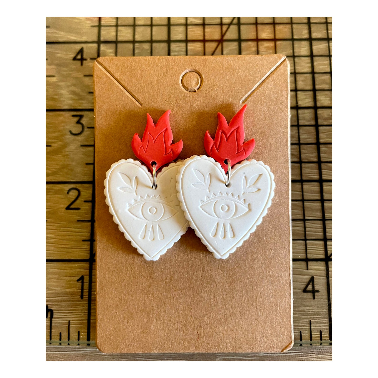 White Sacred Heart With Vermillion Orange Flame - Polymer Clay Earrings ...