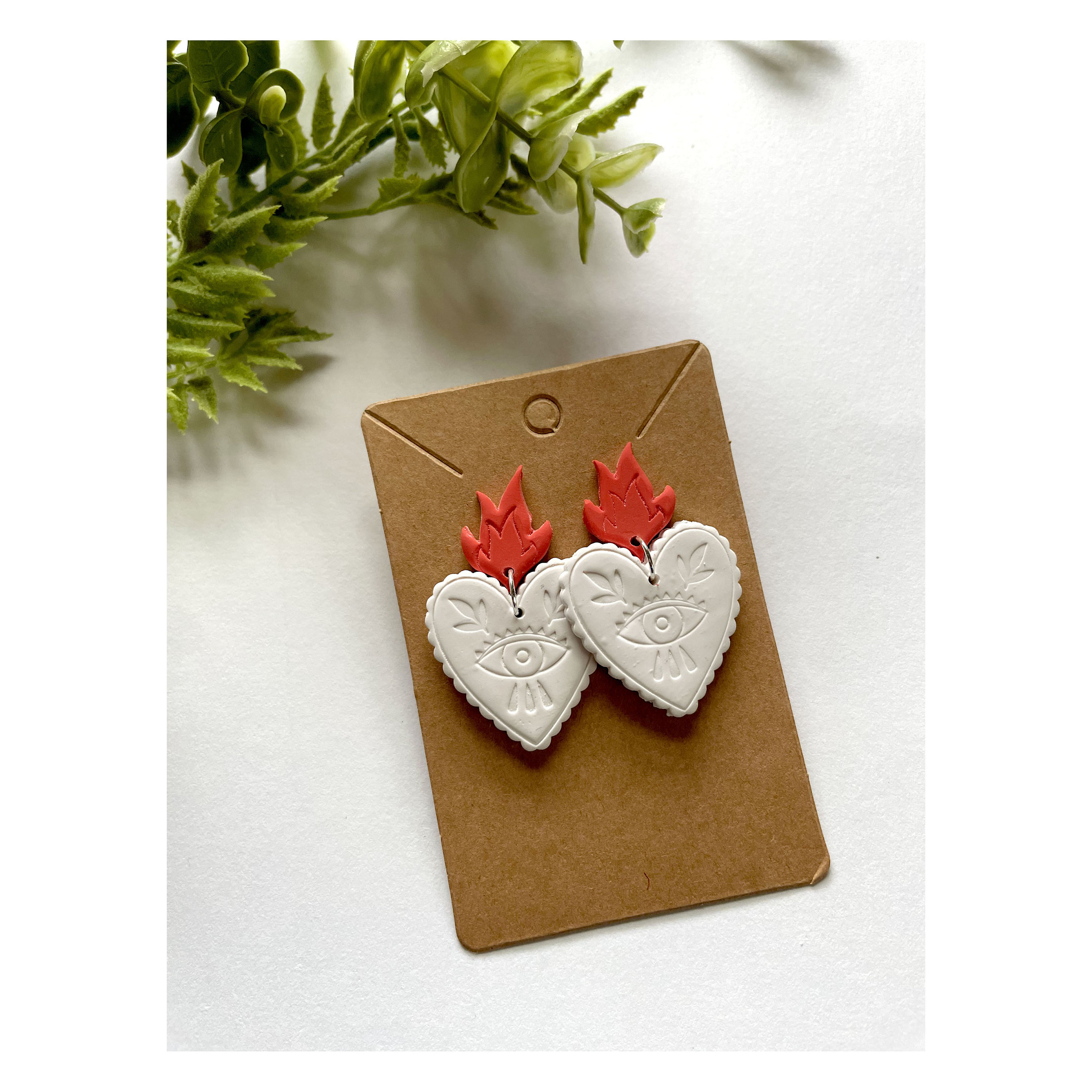 White Sacred Heart With Vermillion Orange Flame - Polymer Clay Earrings ...