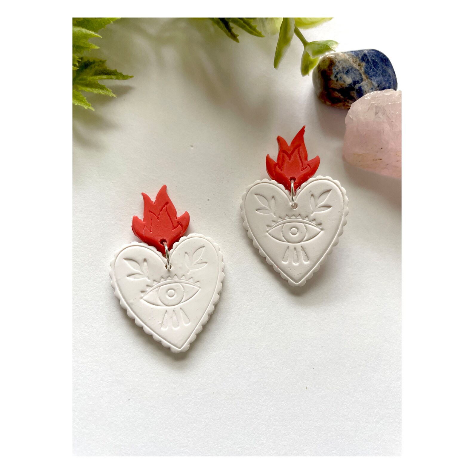 White Sacred Heart With Vermillion Orange Flame - Polymer Clay Earrings ...