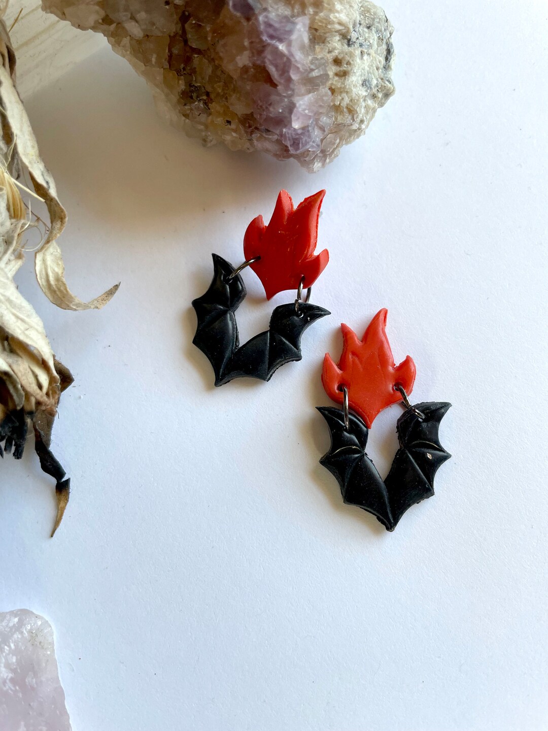 Gothic Black Bat and Flame Small Dangle Polymer Clay Earrings - Etsy