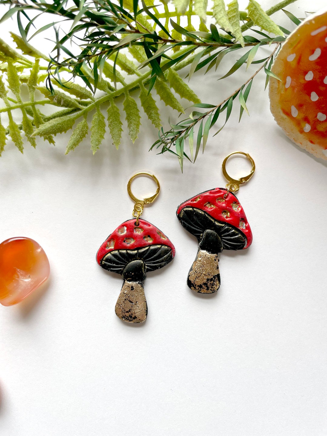 Red Black and Gold Leaf Toadstool Mushroom Polymer Clay Earrings - Etsy