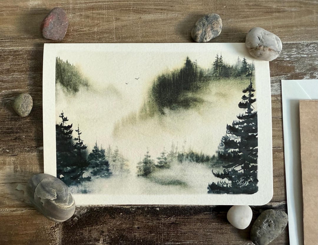 Watercolor Misty Pine Tree Card Set • Blank Cards • Landscape Note ...