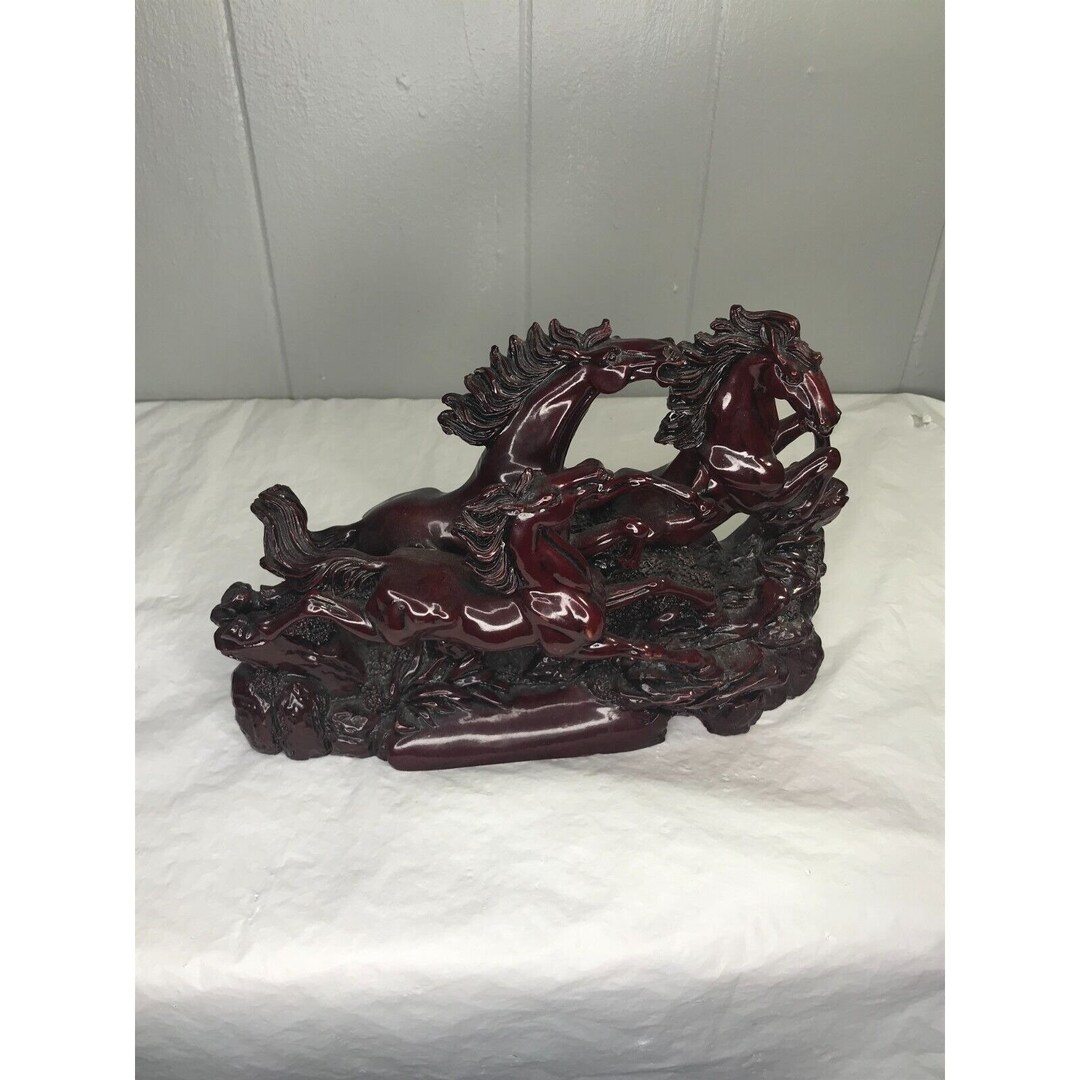 Vintage Qingfeng 3 Horse Feng Shui Chinese Carved Red Resin Horses ...