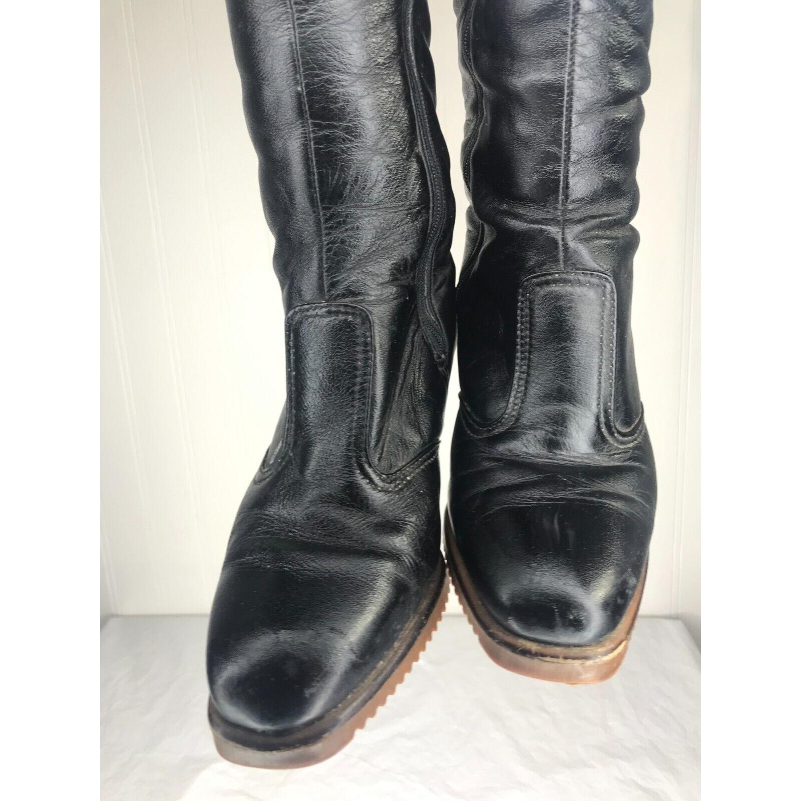 Vintage 1970s Cobbies Black Leather Block Heel Zipper Knee High Boots 6 ...