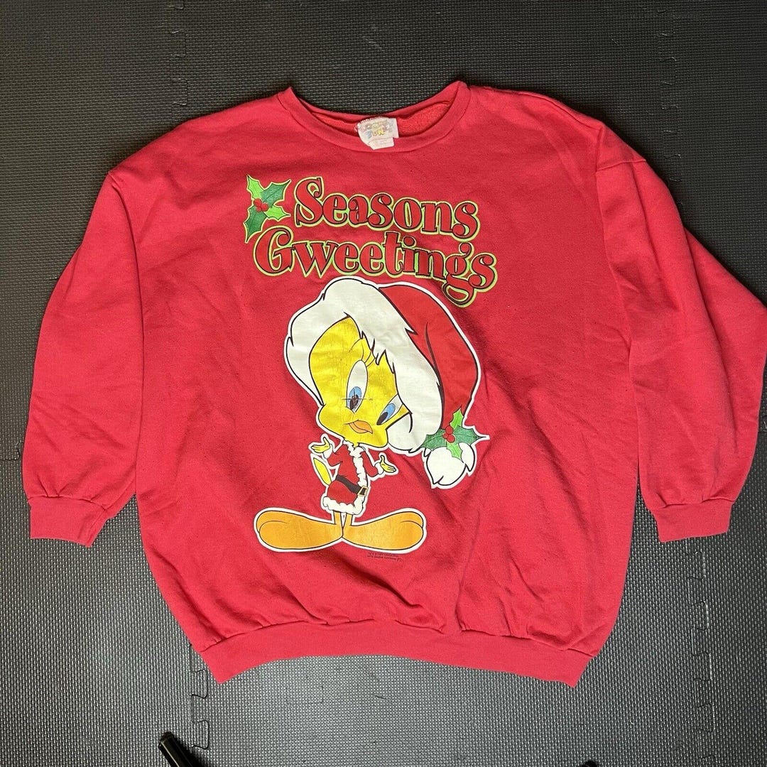 Vintage Looney Tunes Tweety Bird Seasons Gweetings Christmas Sweater ...