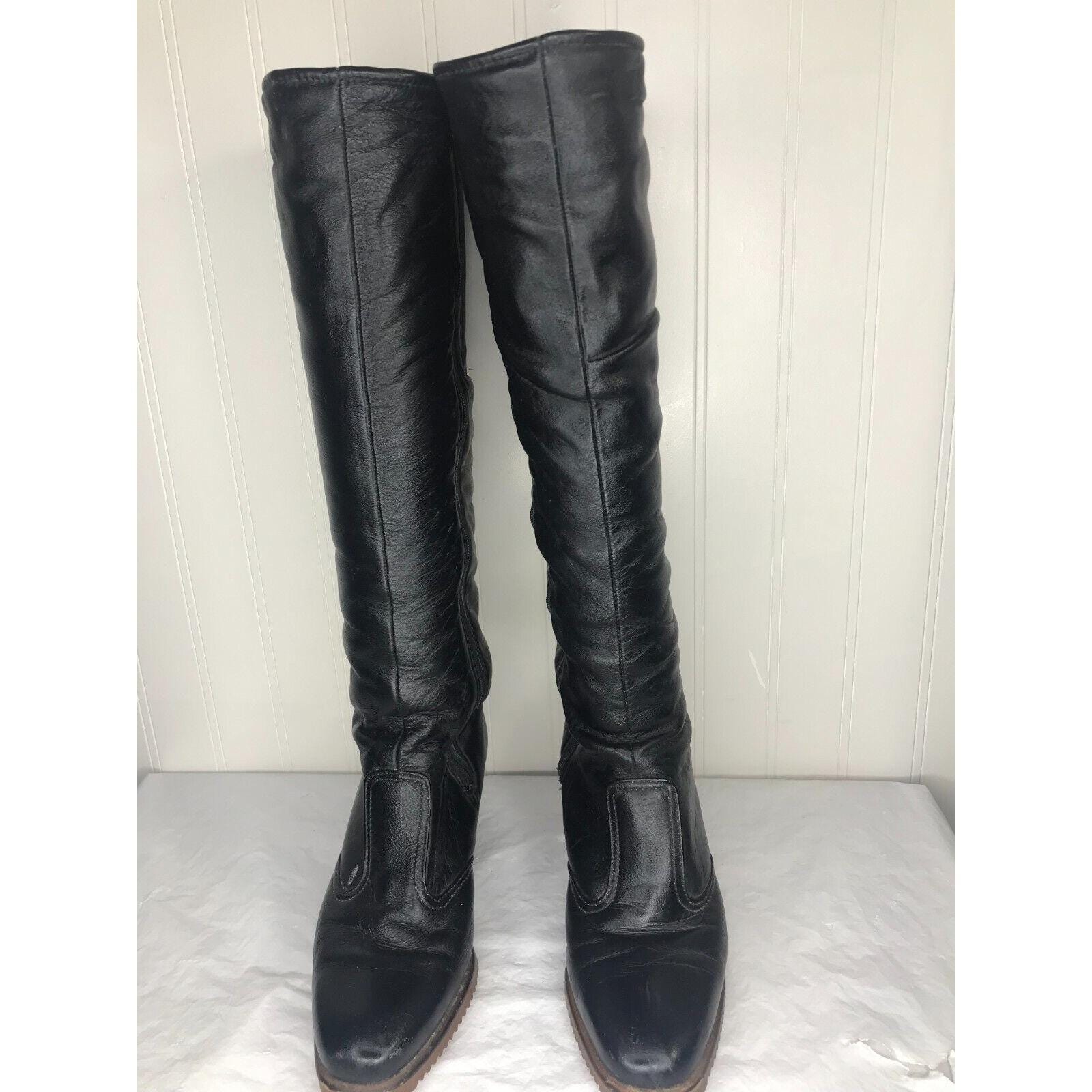 Vintage 1970s Cobbies Black Leather Block Heel Zipper Knee High Boots 6 ...