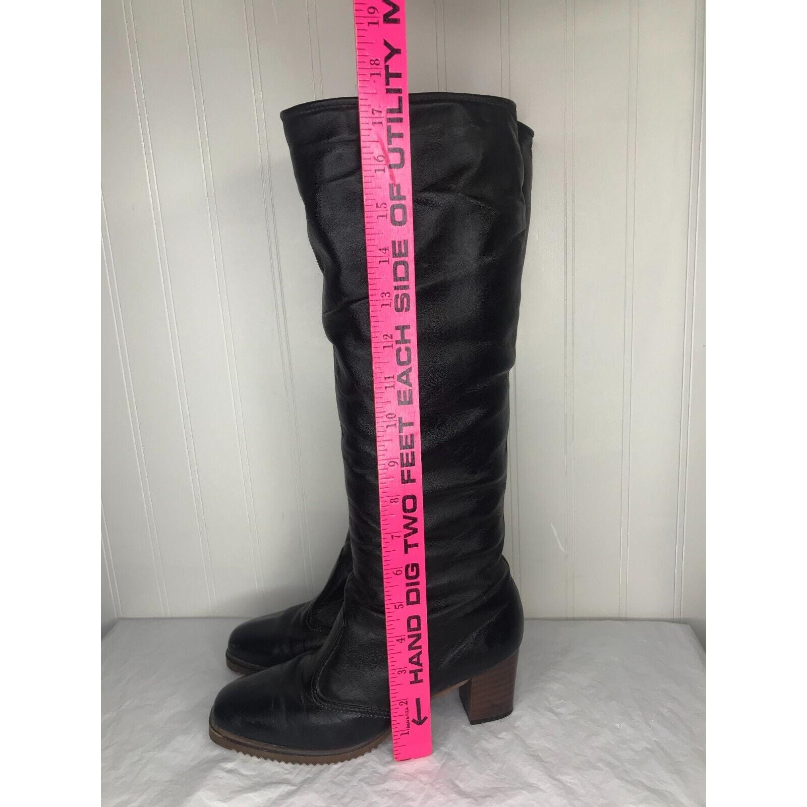 Vintage 1970s Cobbies Black Leather Block Heel Zipper Knee High Boots 6 ...