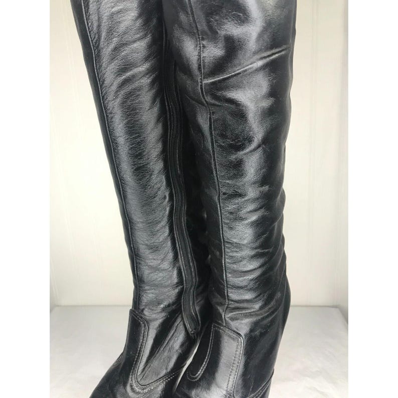 Vintage 1970s Cobbies Black Leather Block Heel Zipper Knee High Boots 6 ...