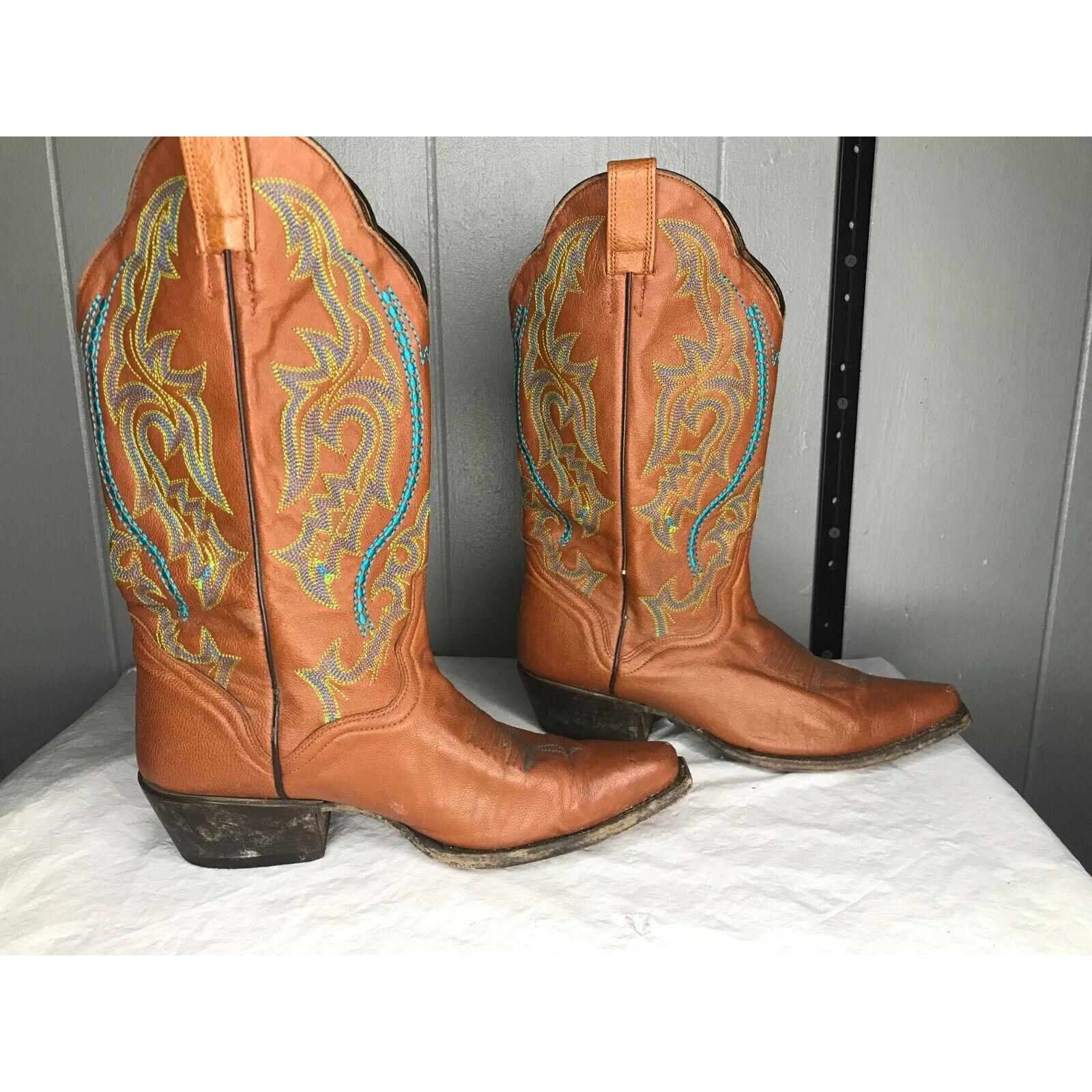 JB Dillon Boots GOAT Skin Cowboy Cowgirl Tan BOOTS Womens Sz 7 B Teal ...