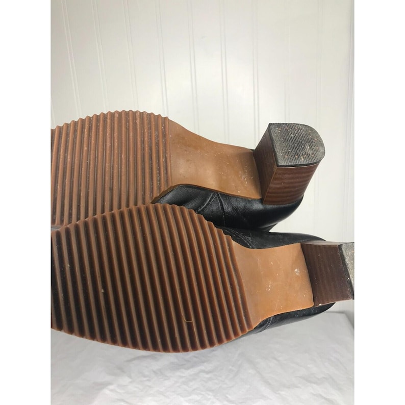 Vintage 1970s Cobbies Black Leather Block Heel Zipper Knee High Boots 6 ...