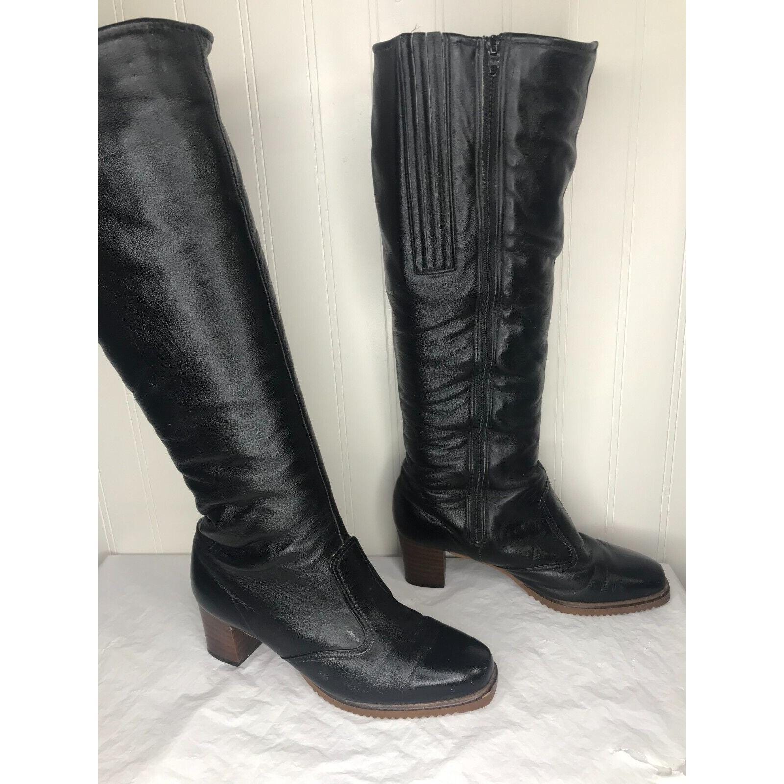 Vintage 1970s Cobbies Black Leather Block Heel Zipper Knee High Boots 6 ...
