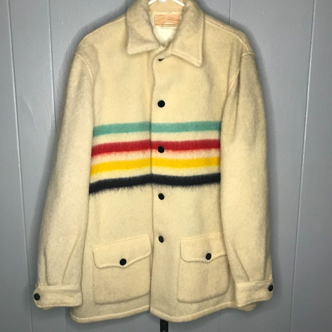 Vintage 50s Hudson Bay Striped Button up Jacket 100% Wool Rare Mens LG ...