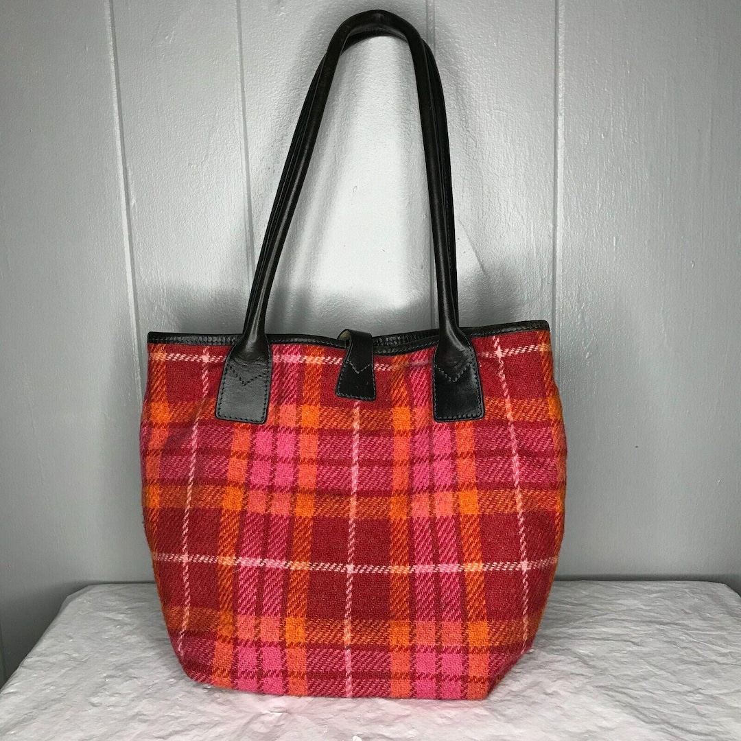 Vintage NESS Scotland Tweed Wool Tartan Plaid Bag Fall Tote Leather ...
