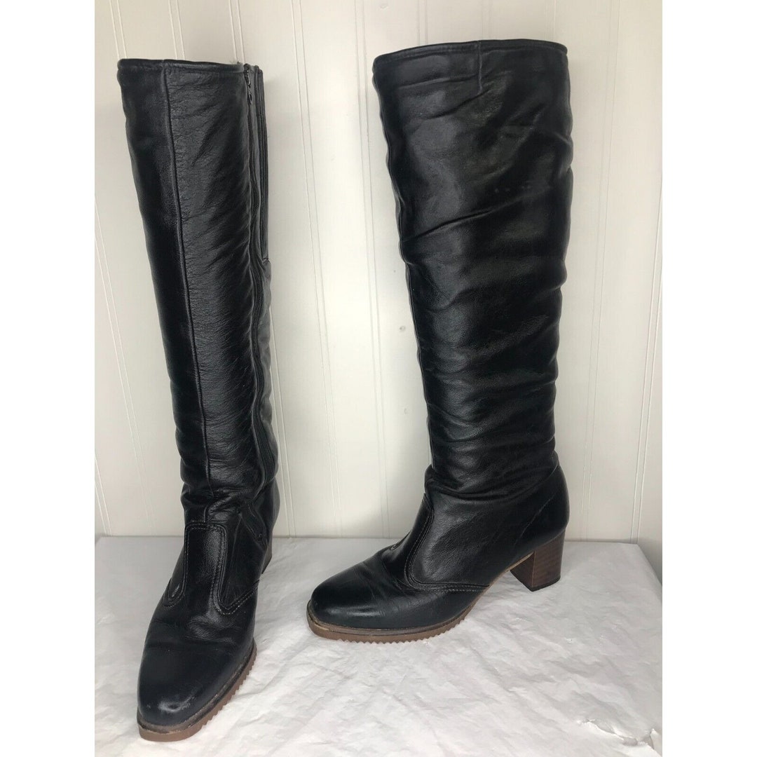 Vintage 1970s Cobbies Black Leather Block Heel Zipper Knee High Boots 6 ...