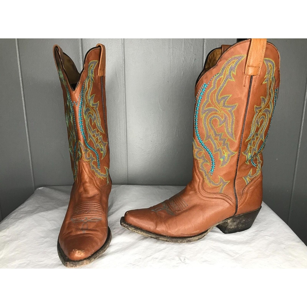 JB Dillon Boots GOAT Skin Cowboy Cowgirl Tan BOOTS Womens Sz 7 B Teal ...