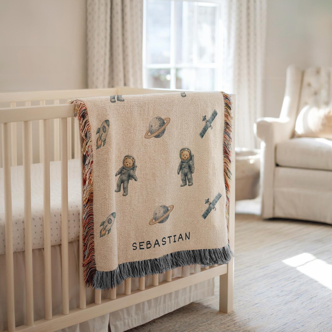 Personalized Blue Space Teddy Bear Baby Blanket, Outer Space Crib Throw ...