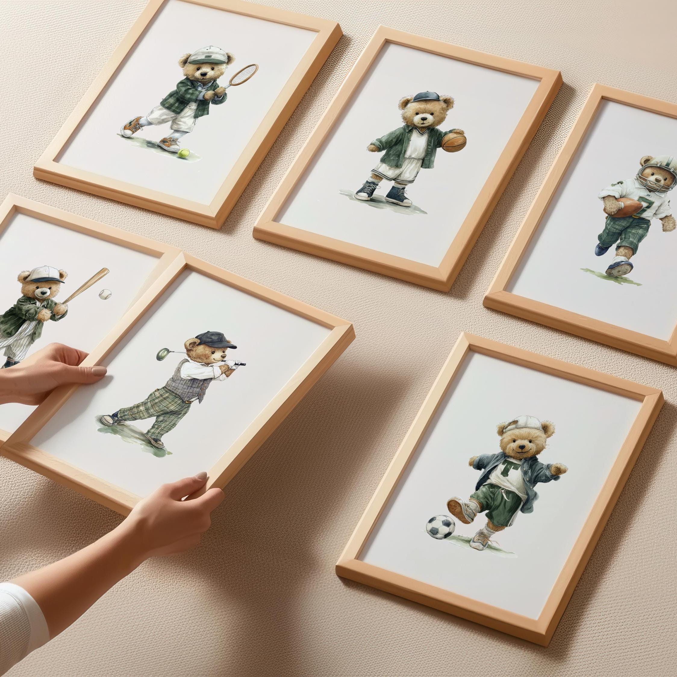 Sage Green Vintage Teddy Bear Sports Nursery Galley Wall Art Set of 8 ...