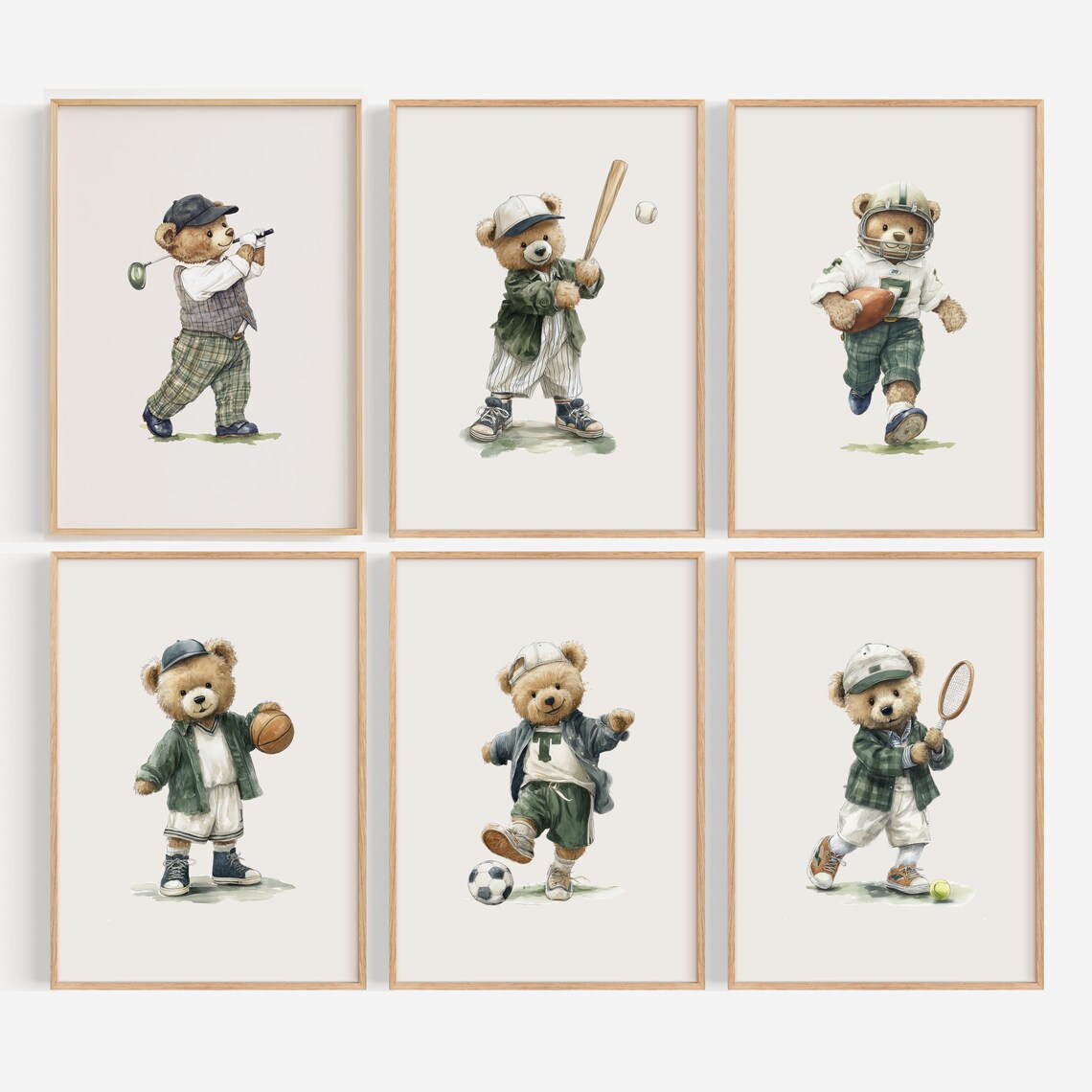 Sage Green Vintage Teddy Bear Sports Nursery Galley Wall Art Set of 6 ...