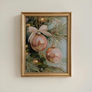 Vintage Pink Christmas Print, Coquette Style Ornaments With Bow, Pastel ...