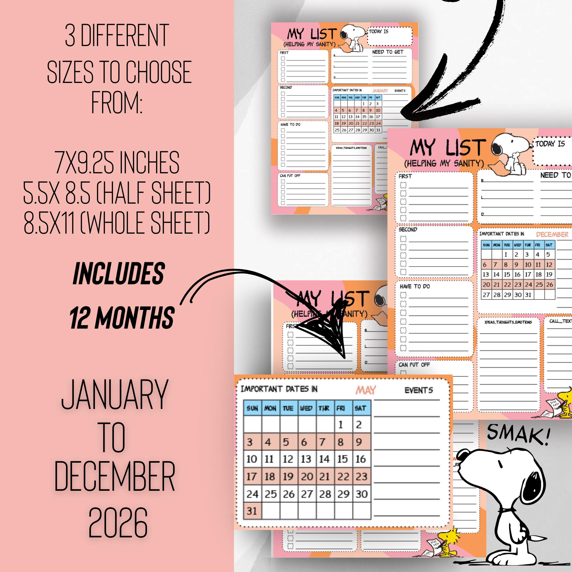 Printable Snoopy Daily Sanity Planner | Digital Download | Dated up to ...