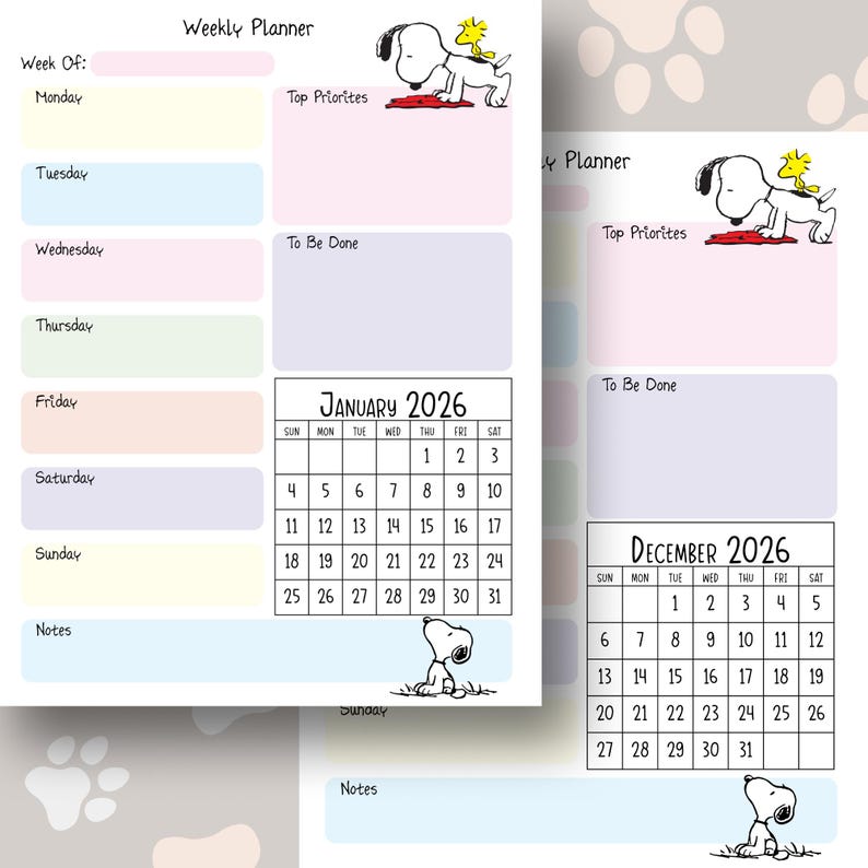 Snoopy Printable Week Planner With Months - Etsy