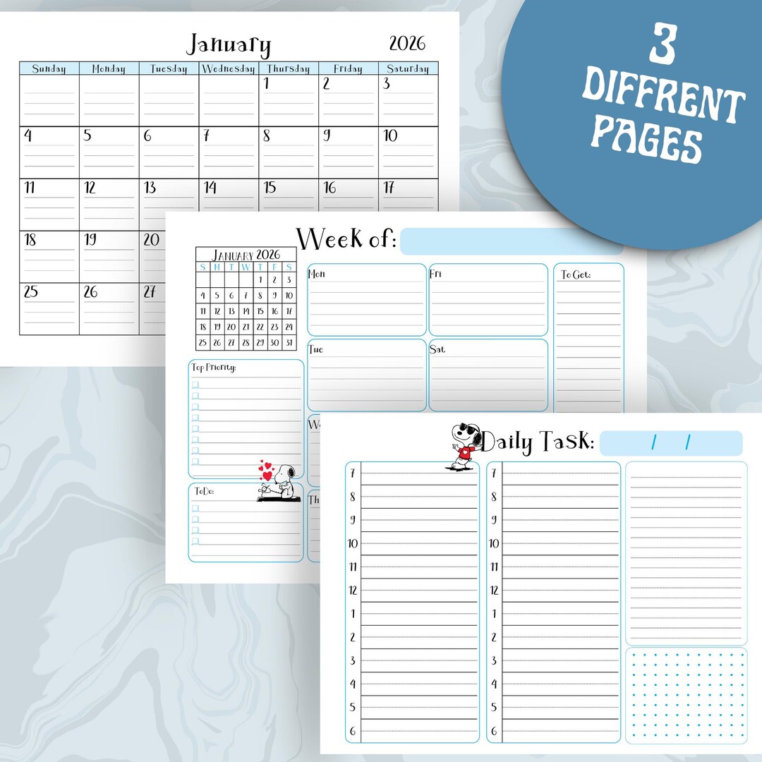 Simple Blue Snoopy Printable Landscape Calendar - Etsy