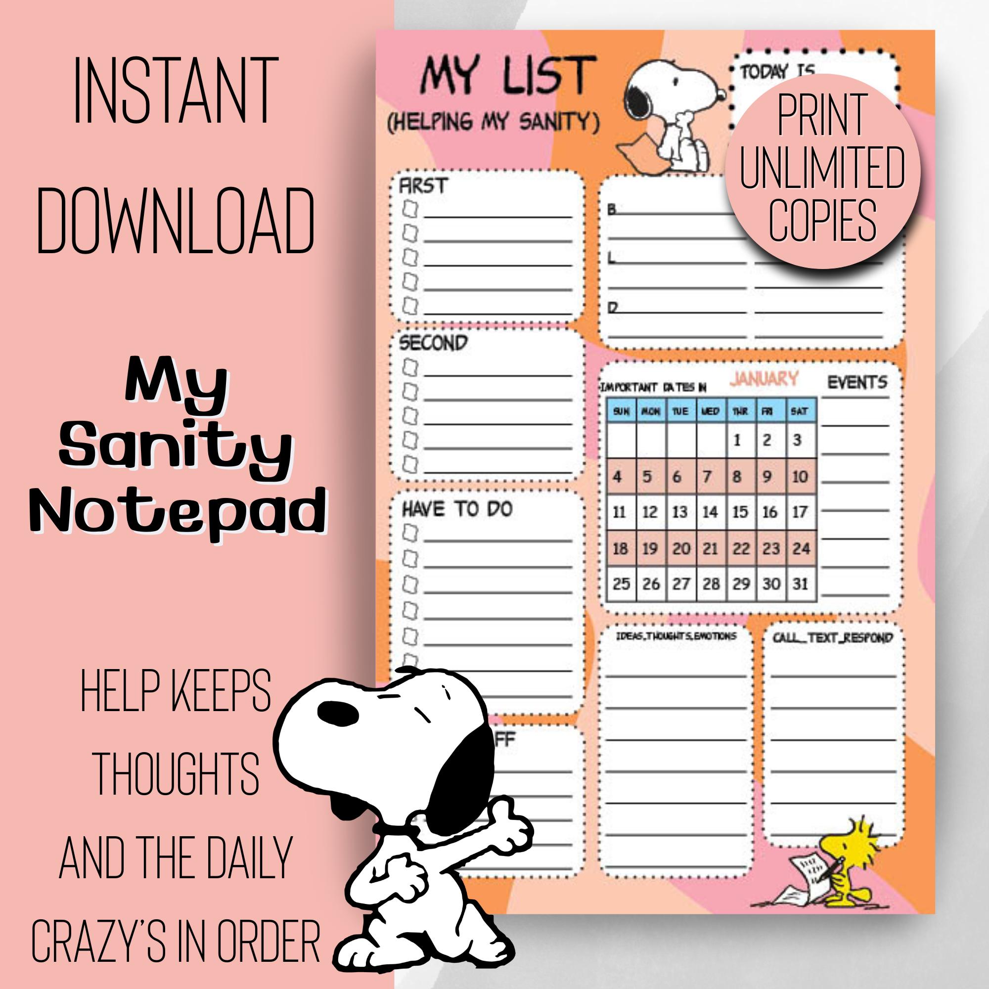 Printable Snoopy Daily Sanity Planner | Digital Download | Dated up to ...