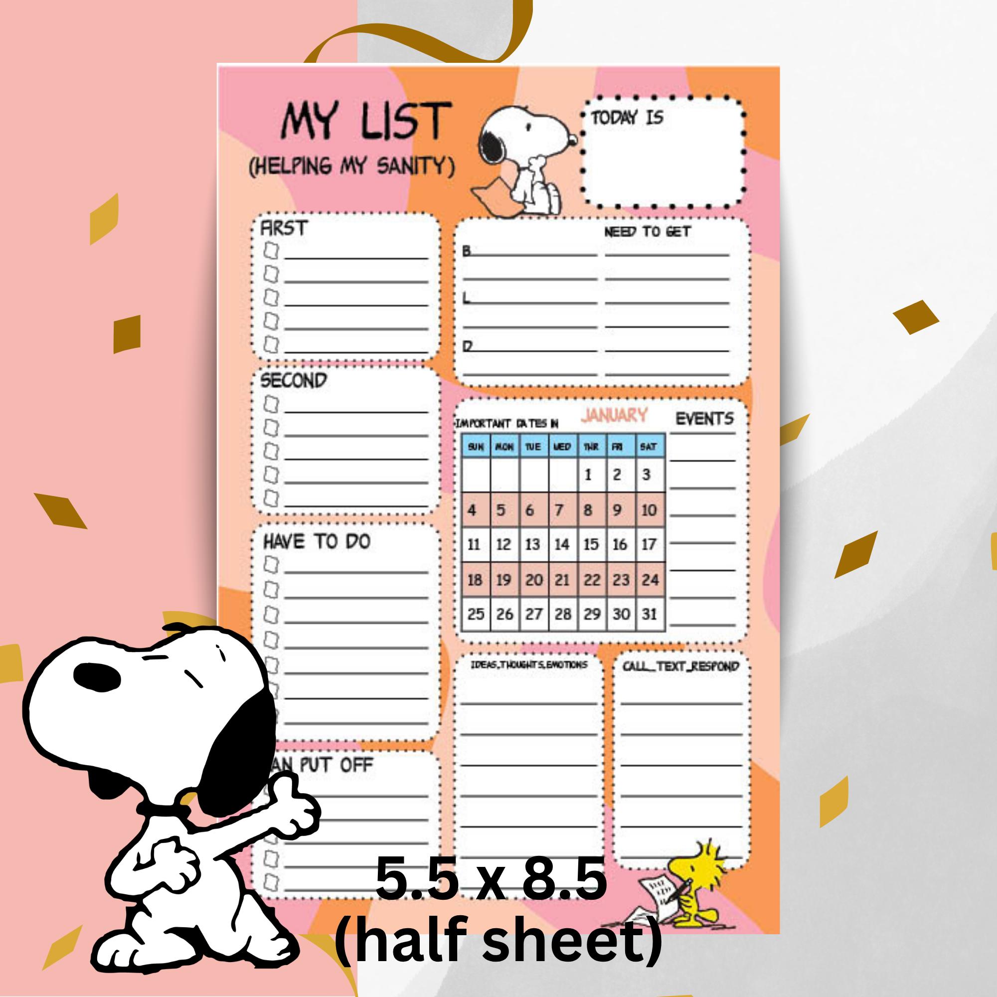 Printable Snoopy Daily Sanity Planner | Digital Download | Dated up to ...
