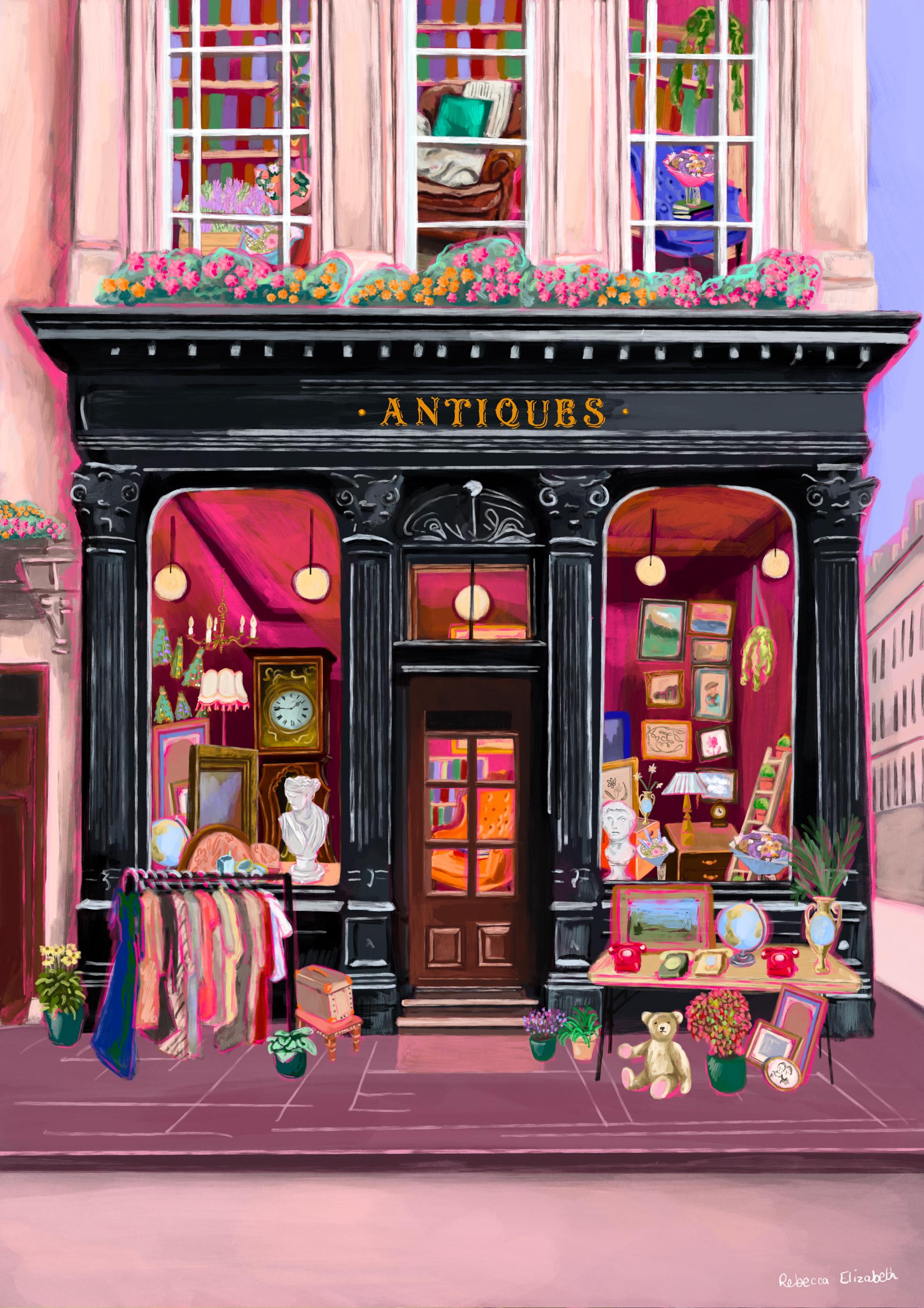 The Antiques Shop Art Print, Vintage Store Front, Dark & Colourful ...