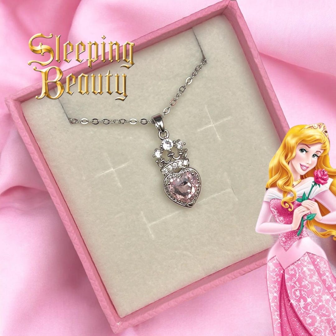 Sleeping Princess Beauty Inspired Crown Pendant, Pink Heart Necklace ...