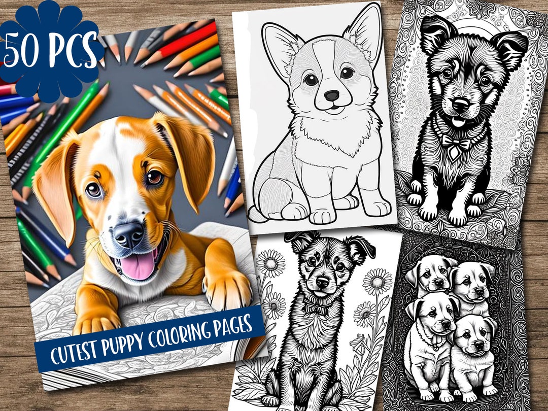 50 Cute Dogs and Puppys Coloring Page Book, Adults + Kids- Instant ...