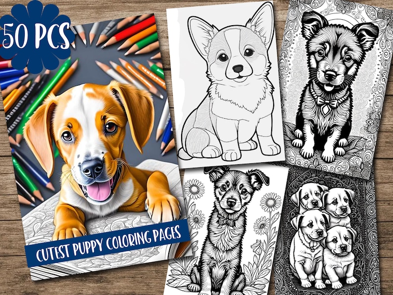 50 Cute Dogs and Puppys Coloring Page Book, Adults + Kids- Instant ...