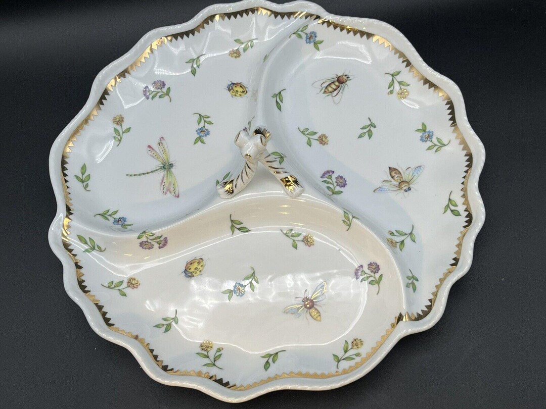 I. Godinger & Co. Primavera 3 Section Porcelain Insects Flowers Server ...