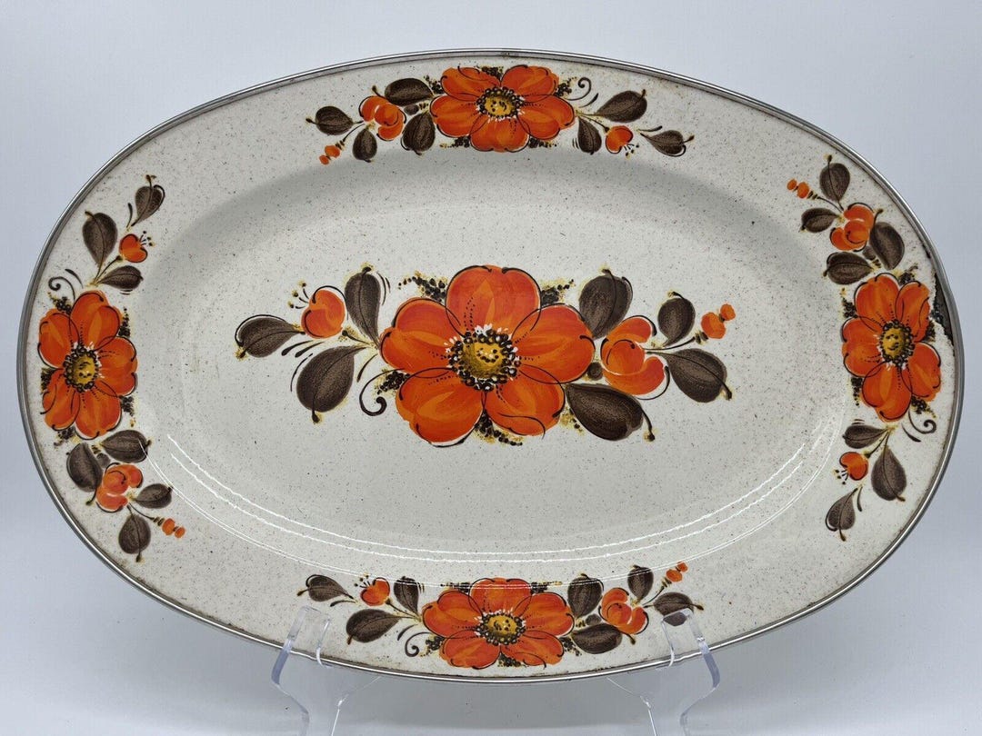 Show Pans Sanko Ware Enamelware Platter Japan Large Tray Orange Flowers ...