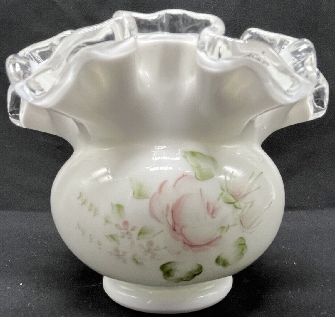 Vintage Hand Painted Fenton Silver Crest Milk Glass Ruffle Edge Signed ...