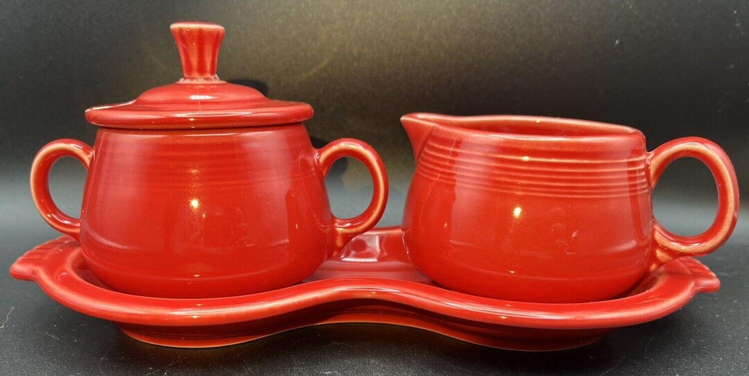 Fiestaware Homer Laughlin Sugar Bowl Creamer Set With Tray Scarlet Red ...