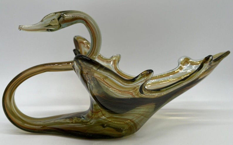 13” Long Hand Blown Sooner Slag Glass Swan Traingular Planter Vase - Etsy