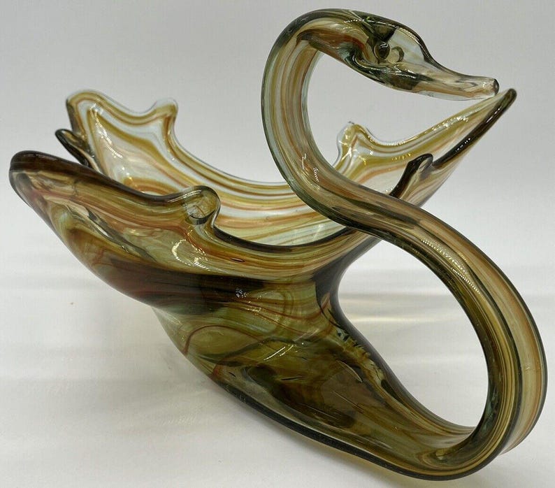 13” Long Hand Blown Sooner Slag Glass Swan Traingular Planter Vase - Etsy