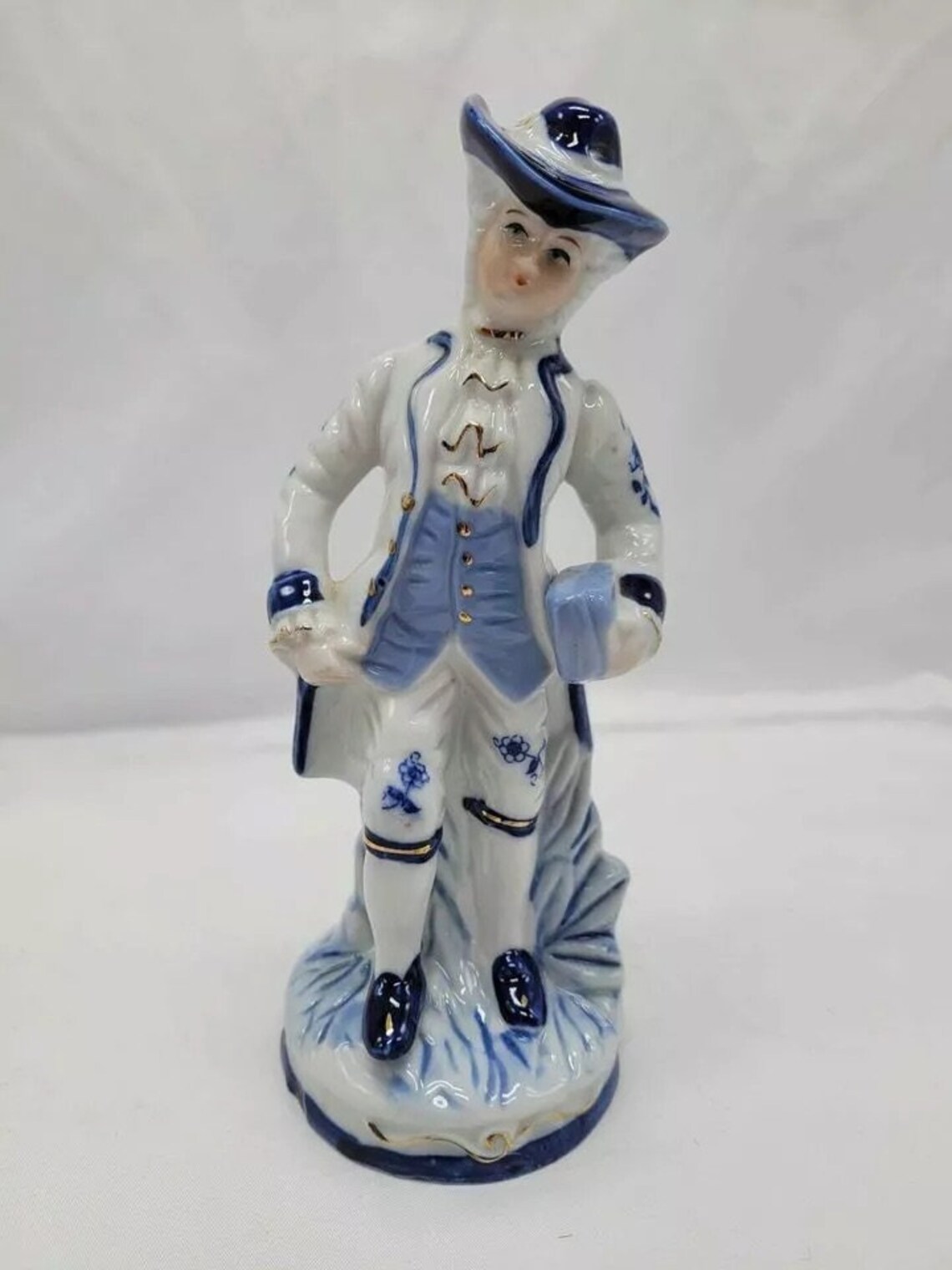 Hand Painted Colonial Dandy Blue & White Porcelain Gilded 8" Tall ...