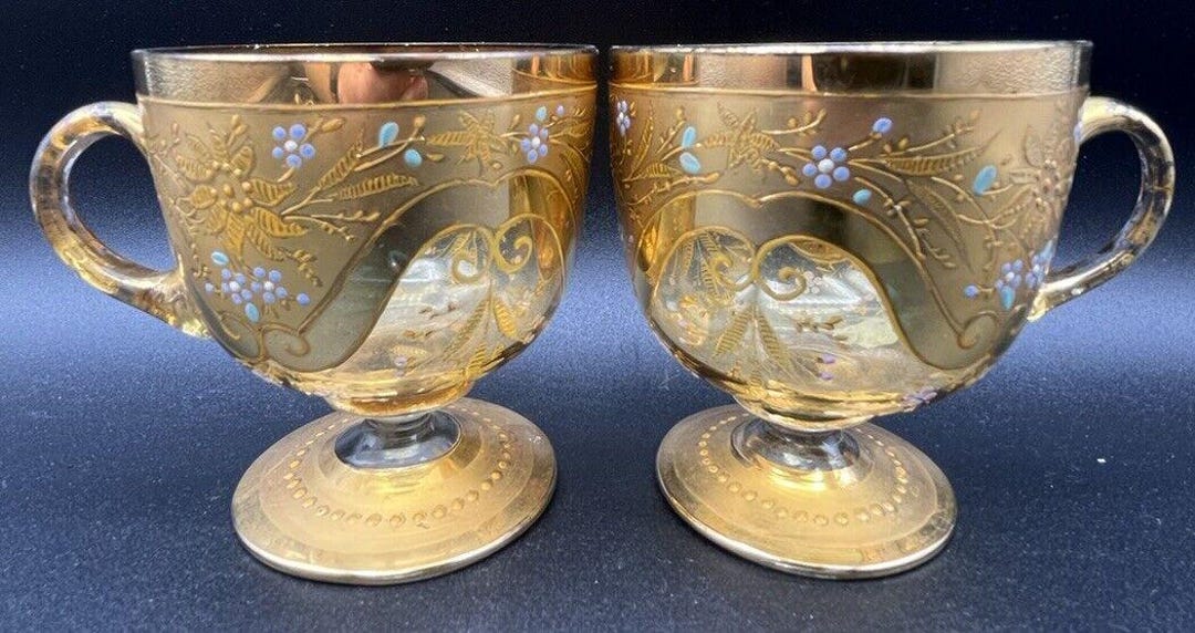 Pair Antique Bohemian Blown Glass Hand Painted Pedestal Tea Cups - Etsy